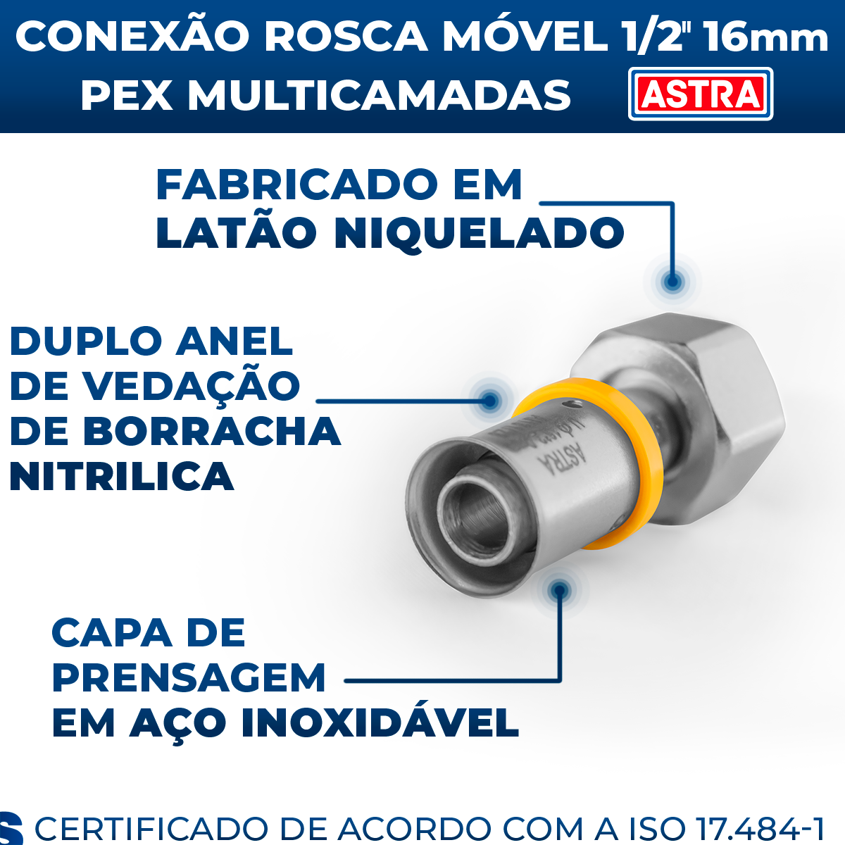 Conexão Rosca Móvel 1/2'' para Gás 16mm Pex Multicamadas Astra