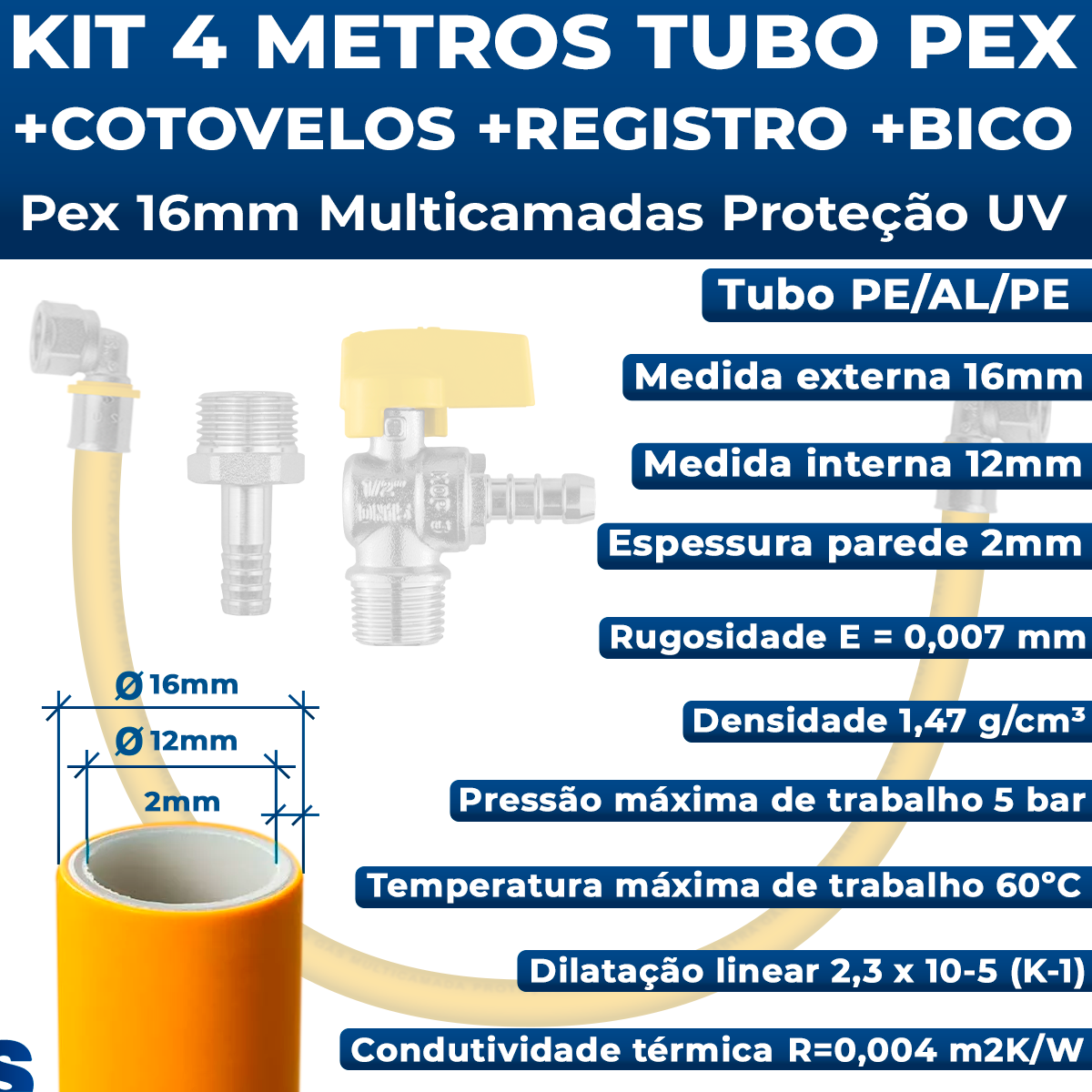 Kit 4 Metros Tubo Pex 16mm P/ Gás + Cotovelos + Registro + Adaptador ...