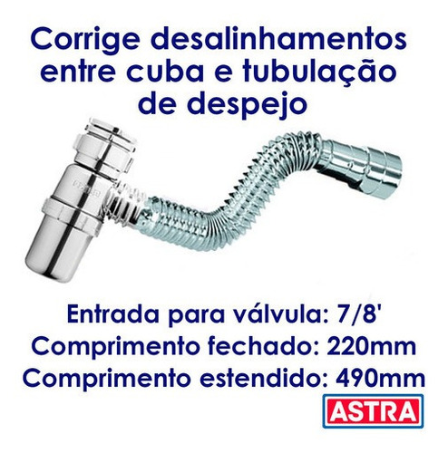Kit 2 Sifão Sanfonado Universal Copo Cromado Flexível Astra - Silven