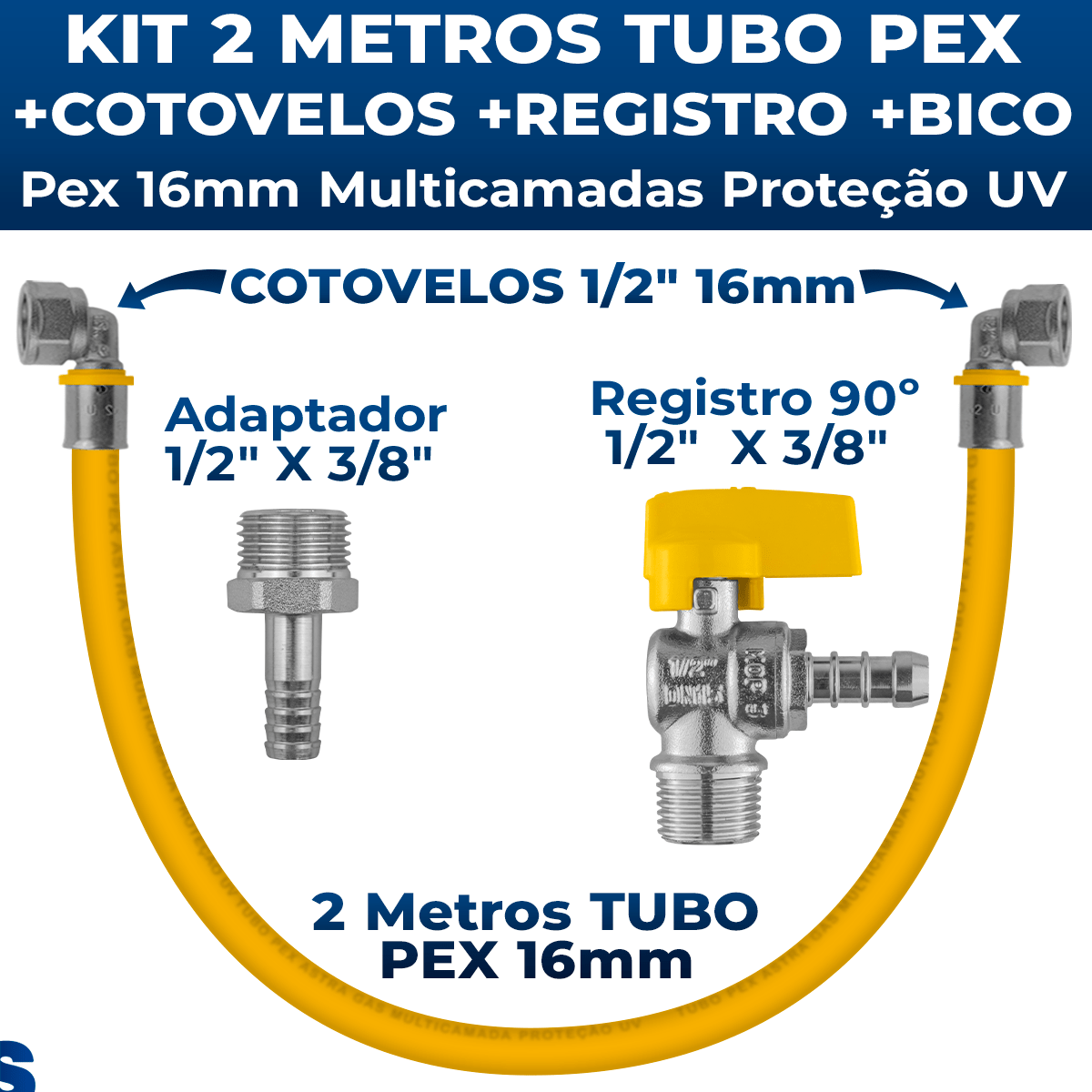 Kit 2 Metros Tubo Pex 16mm P/ Gás + Cotovelos + Registro + Adaptador ...