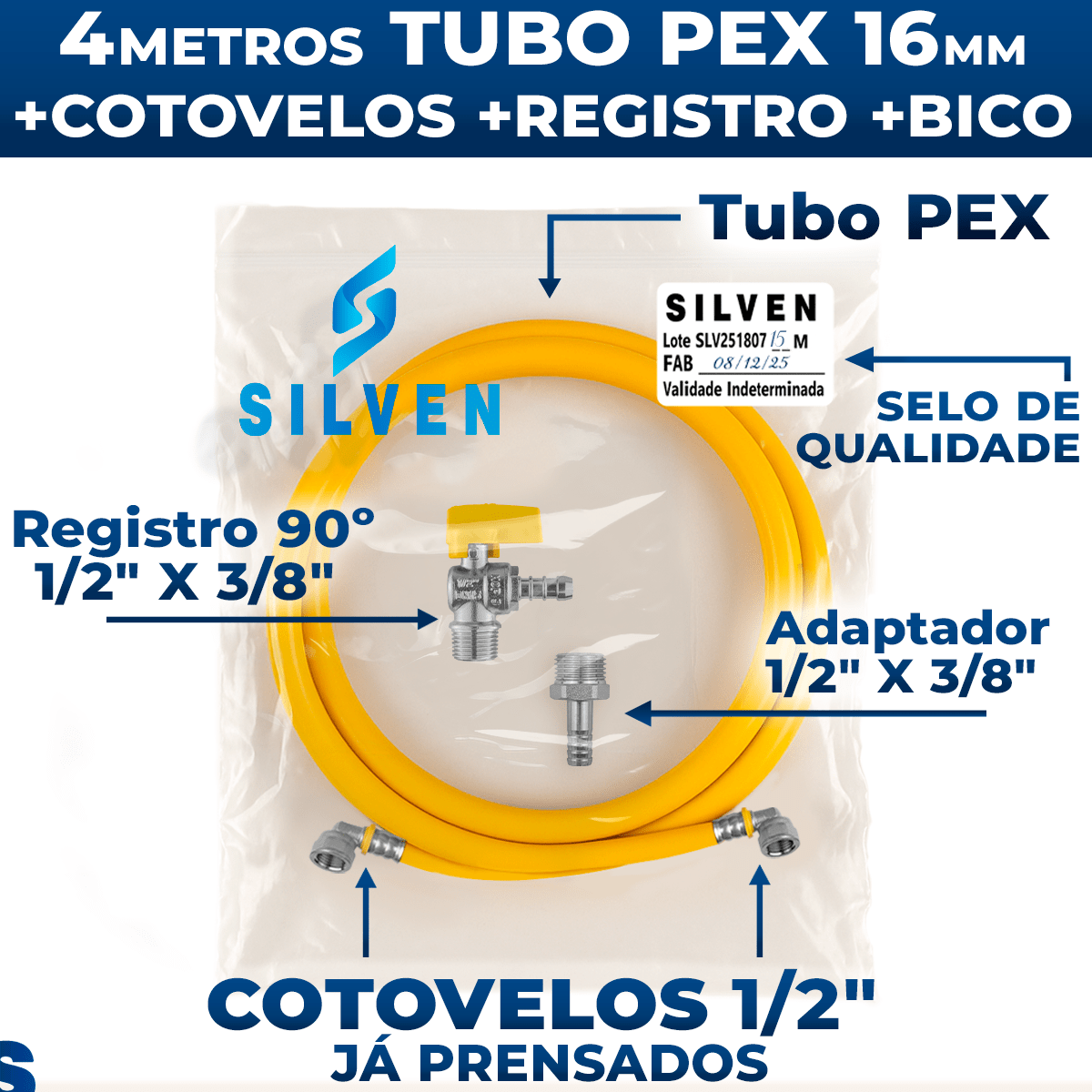 Kit 4 Metros Tubo Pex 16mm P/ Gás + Cotovelos + Registro + Adaptador ...