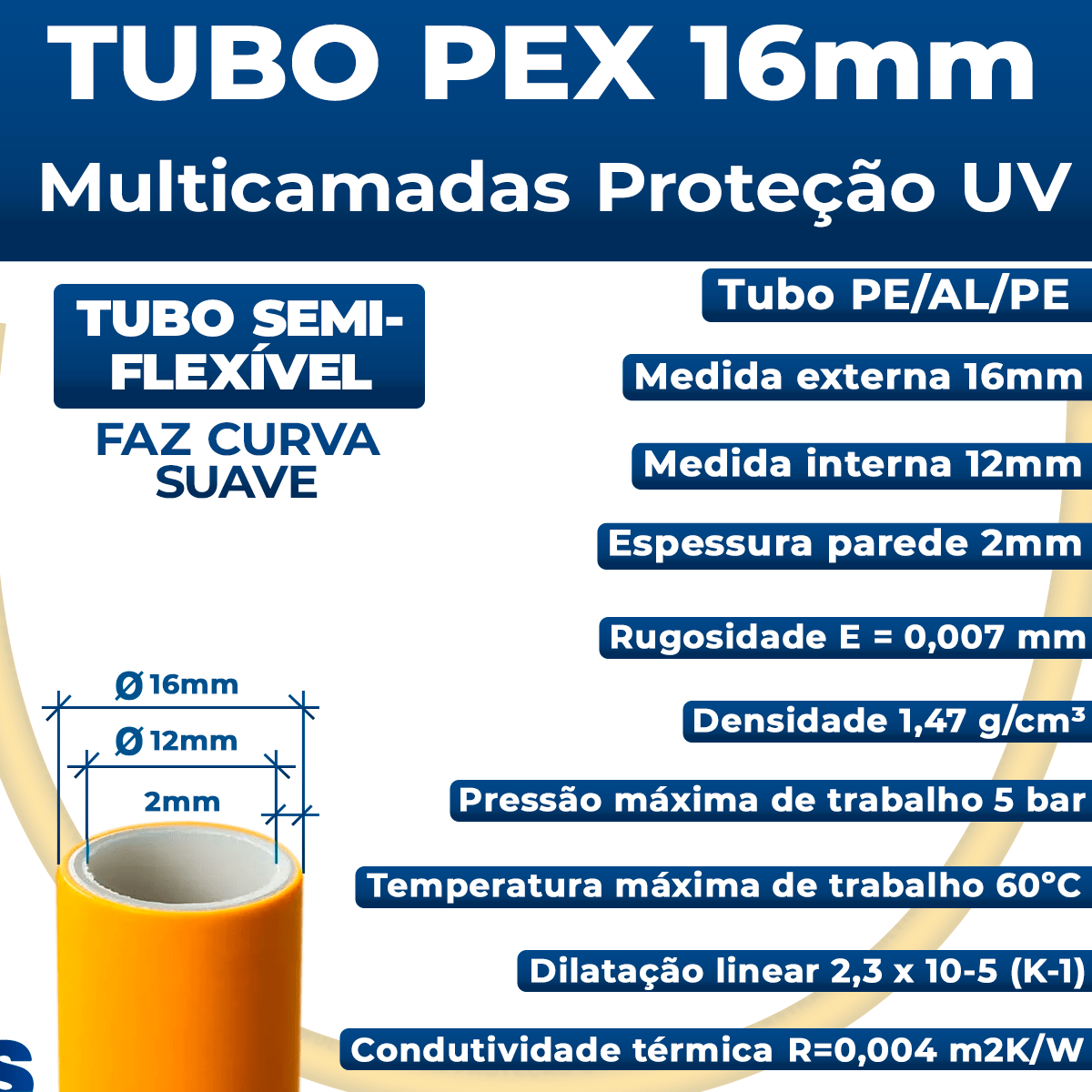 Kit 6 Metros Tubo Pex 16mm Gás Cotovelo Reto e Curvo + Registro + Adaptador